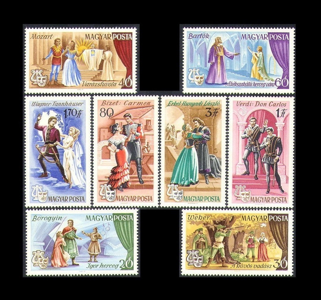 Famous Operas on 1967 Postage Stamps / Vintage Hungary / Bartok, Mozart ...