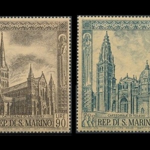 Large Vintage Postage Stamps / 1967 San Marino Gothic Cathedrals ...