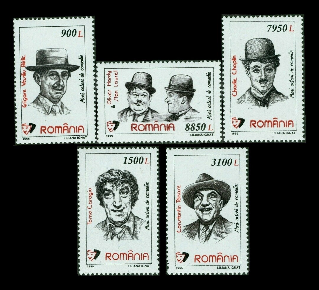 Famous Early Comedy Actors on Romania Postage Stamps / Laurel and Hardy ...