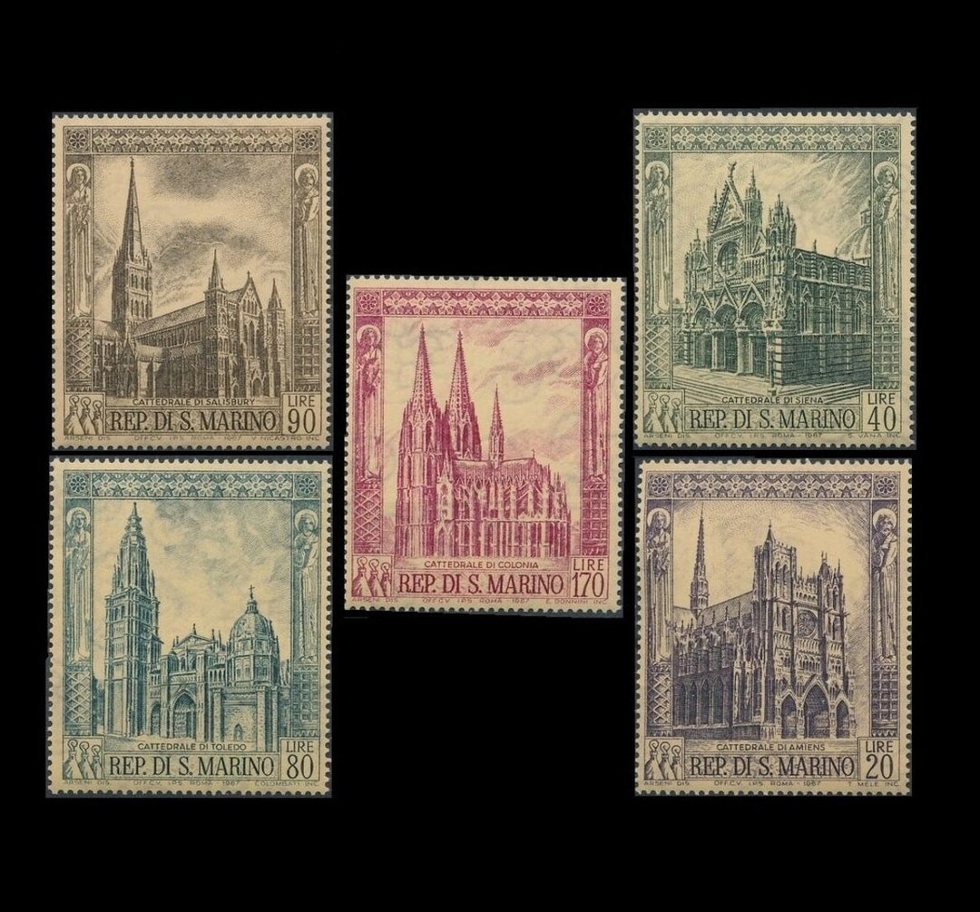 Large Vintage Postage Stamps / 1967 San Marino Gothic Cathedrals ...