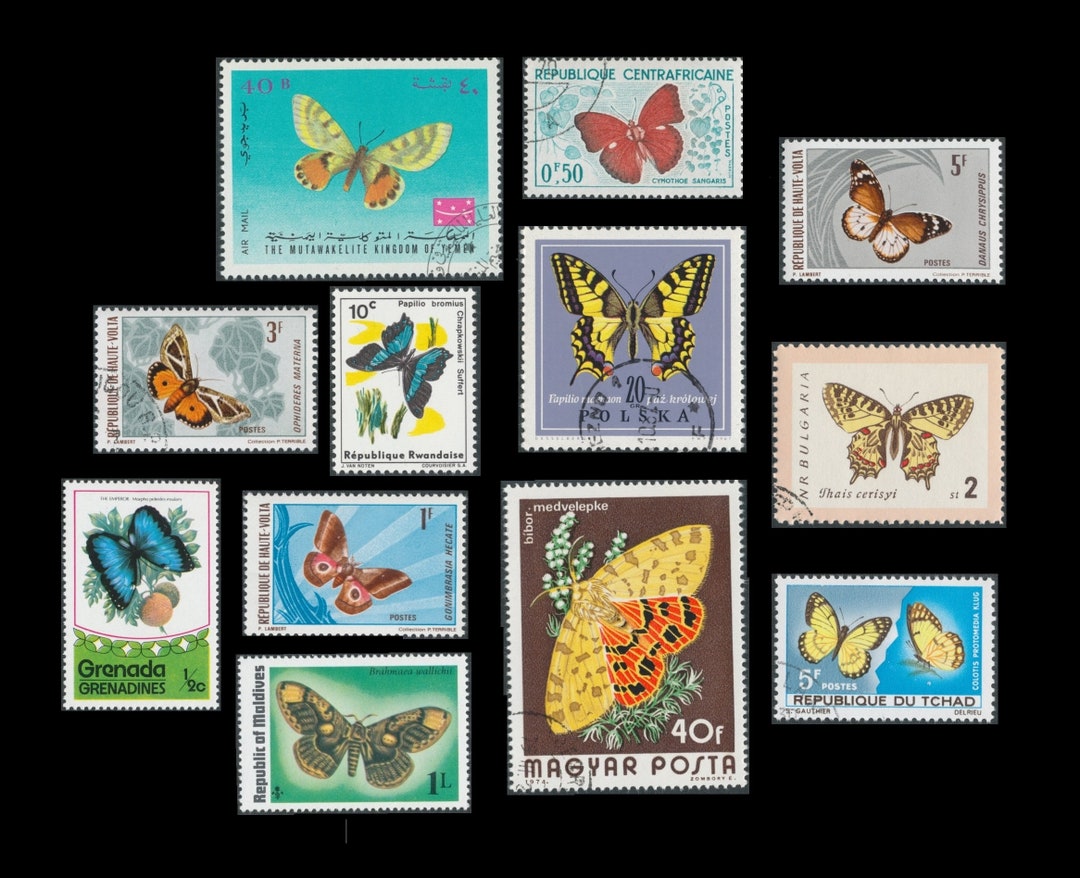 12 Worldwide Butterfly Stamps / 1960-1975 / Poland, Chad, Grenada ...