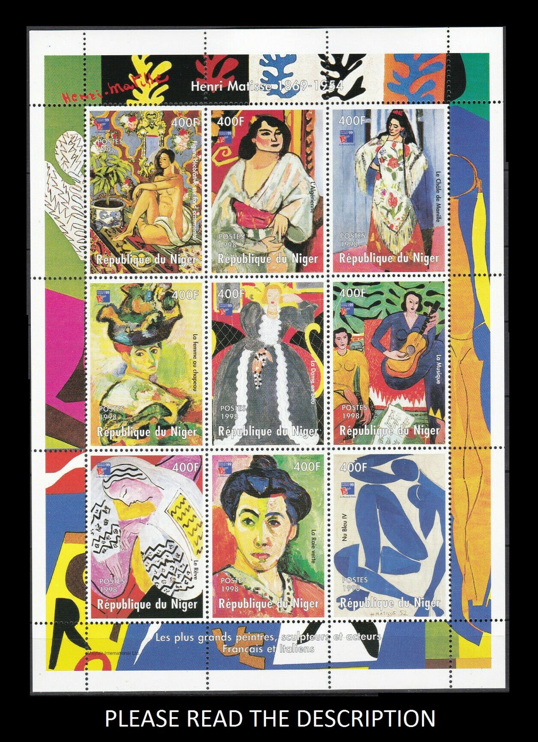 Henri Matisse Paintings on a 1998 Republic of Niger Postage Stamp Sheet ...
