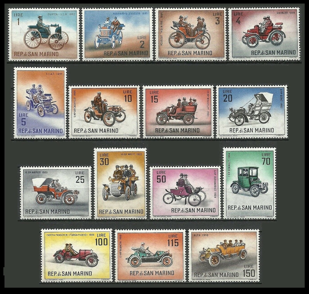Huge Set of Antique Automobiles on 1962 Postage Stamps / Vintage San ...