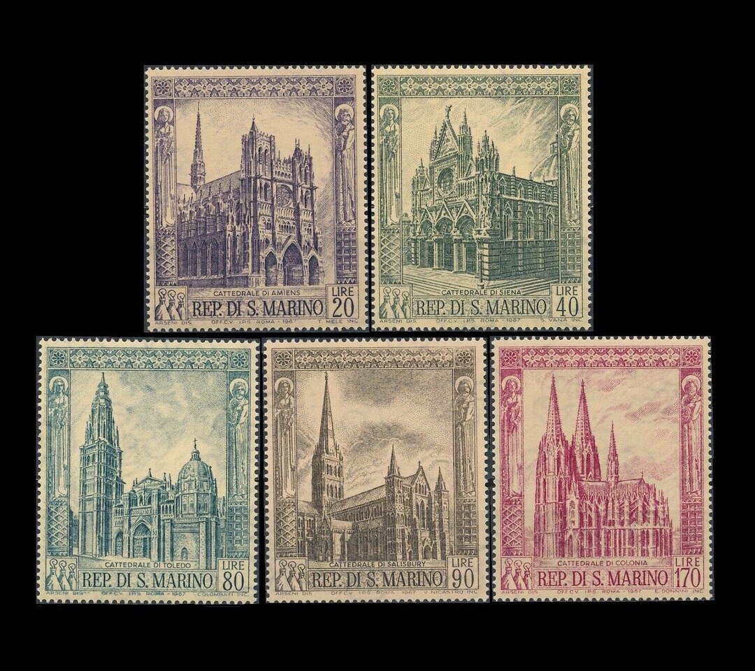 Large Vintage Postage Stamps / 1967 San Marino Gothic Cathedrals ...