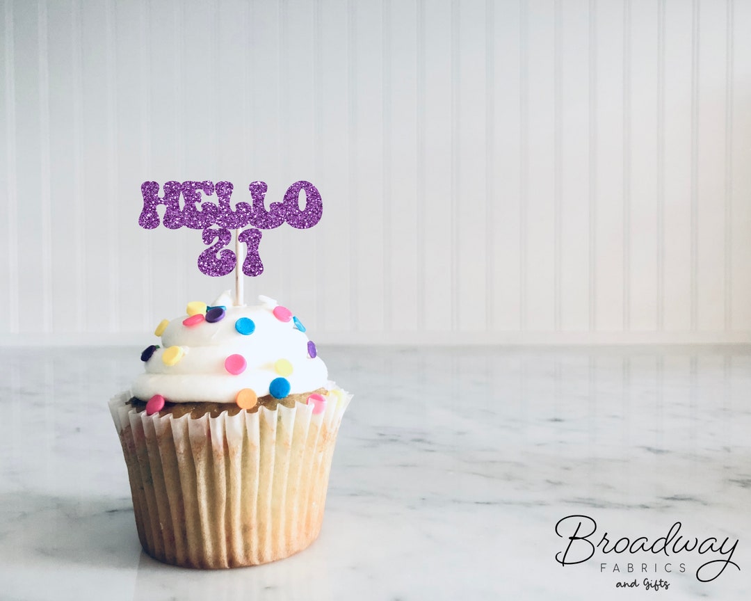 Hello 21 Birthday Purple Cupcake Toppers, Birthday Decorations Party ...