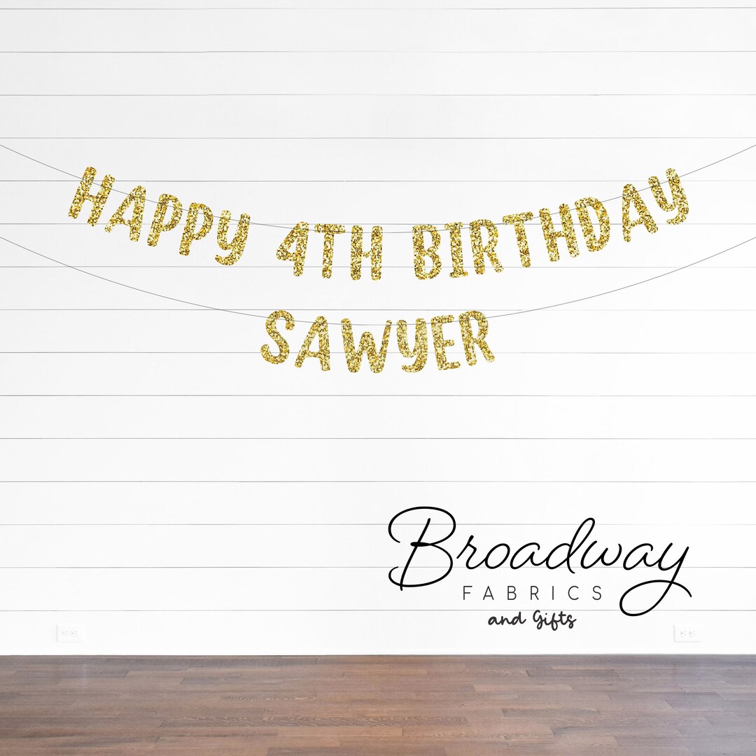Happy 4th Birthday Banner Personalized Gold Glitter Banner - 2 Line ...