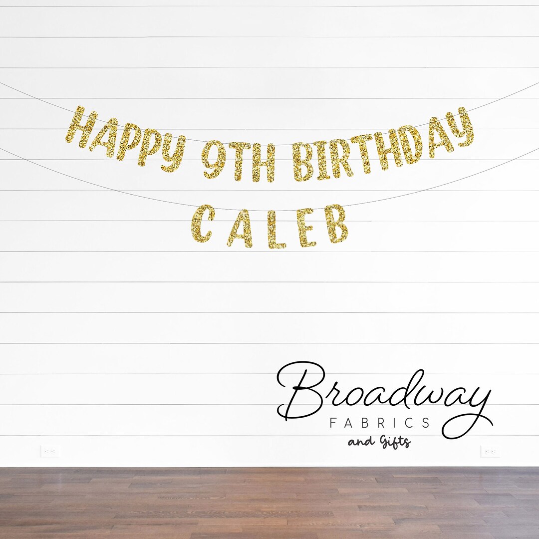 Happy 9th Birthday Banner Personalized Gold Glitter Banner - 2 Line ...