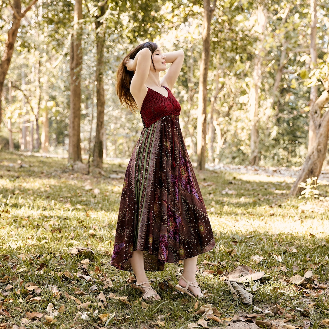 Burgundy Crochet Top Rayon Sundress: Bohemian Hippie Dress - Etsy