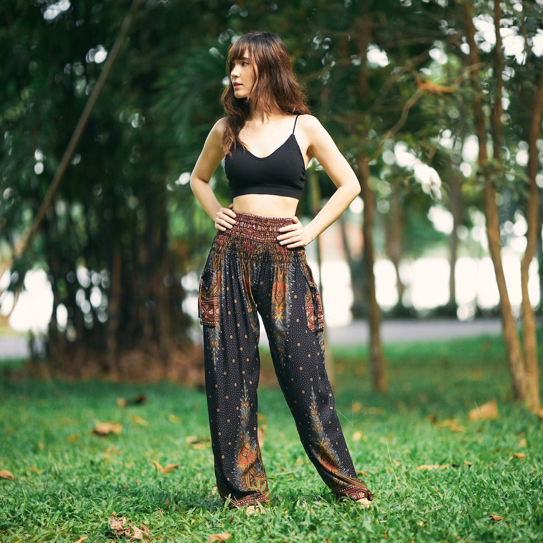 Black Peacock Harem Pants Women Hippie Clothes - Flowy Yoga Pants Best ...