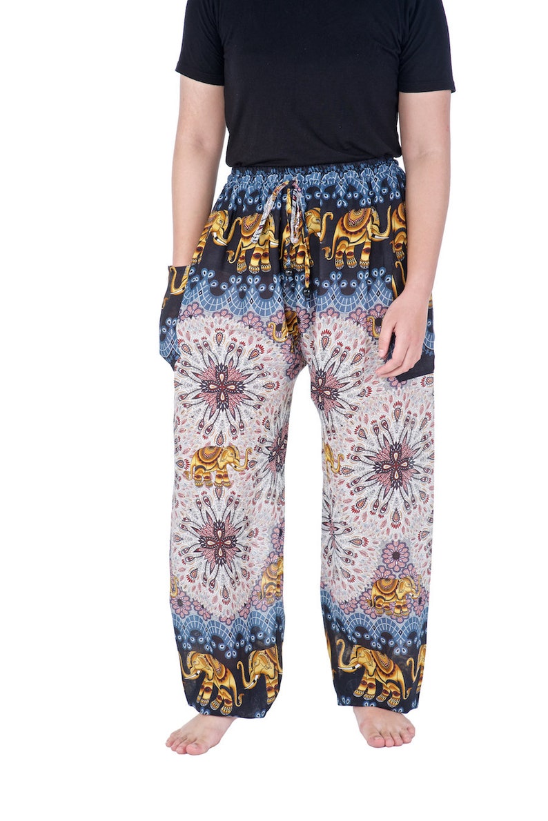 Black Printed Thai Elephant Pants Hippie Boho Harem Pants | Etsy