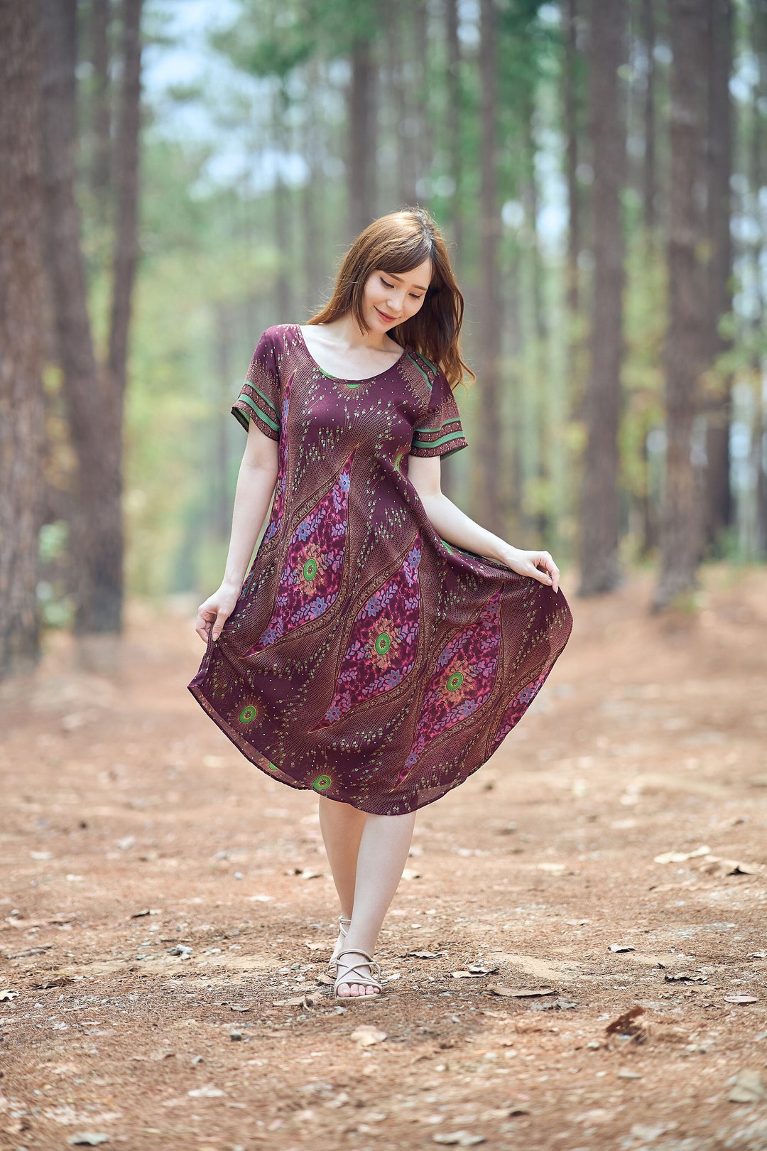 Boho Rayon Dress With Pockets: Burgundy Floral Hippie Sundress - Etsy