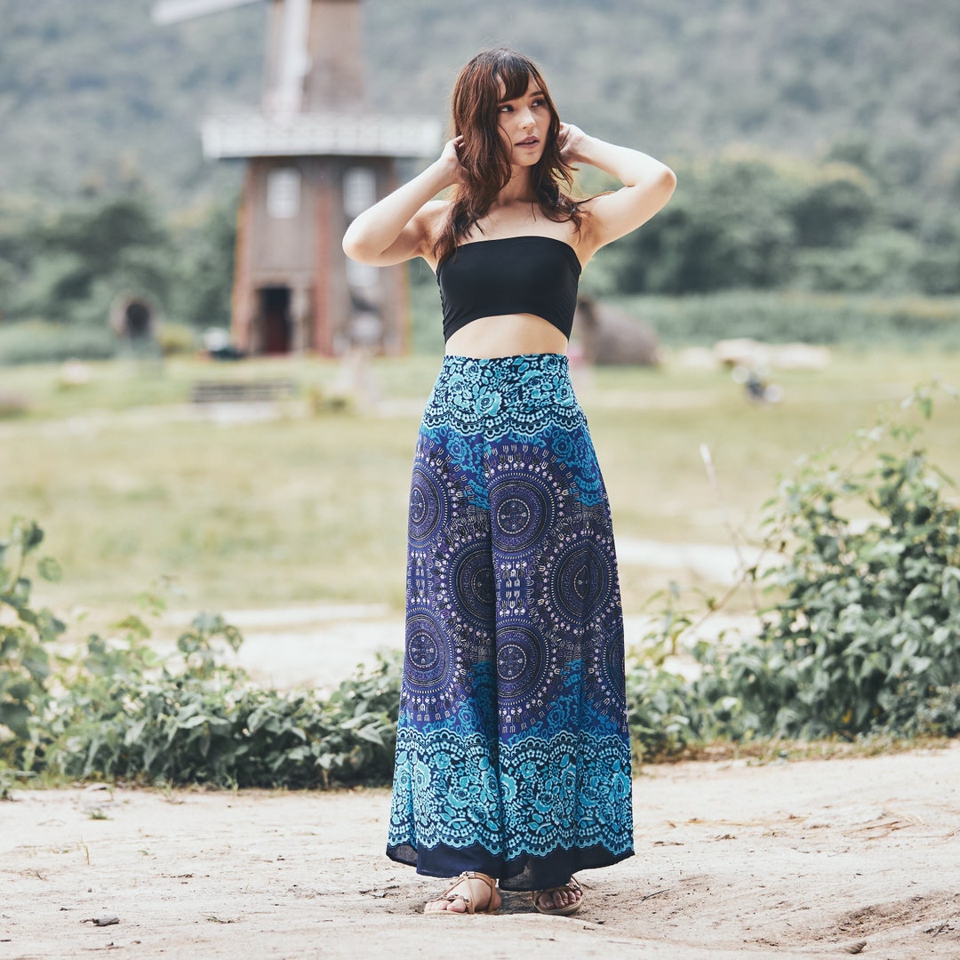 Blue Mandala Palazzo Pants: High Waisted Rayon Boho Yoga Thai Pants ...