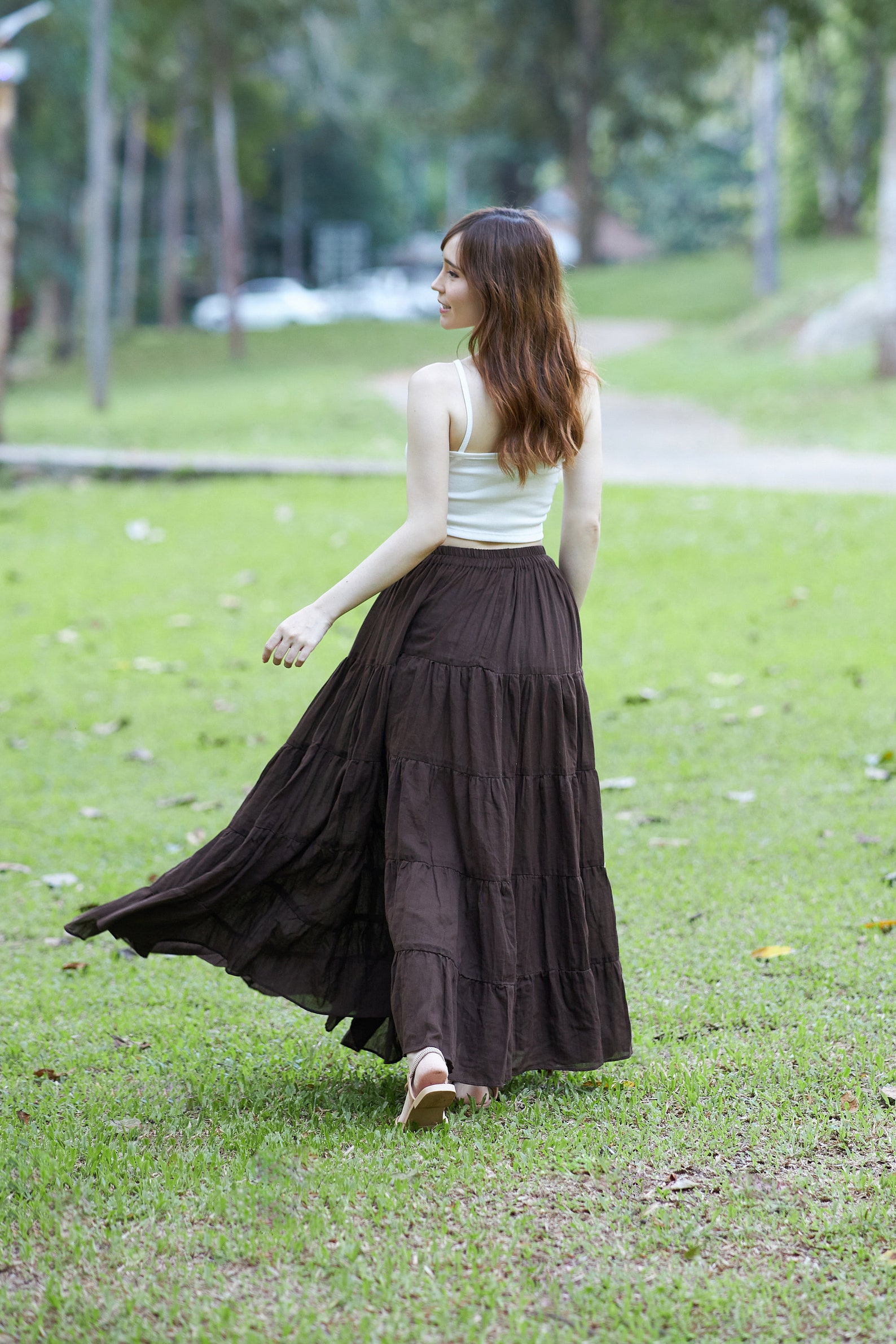WOMENS BROWN LONG Cotton Ruffle Skirt - Full Circle Long Maxi Skirt ...