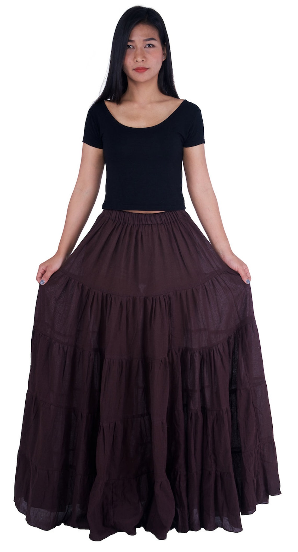 WOMENS BROWN LONG Cotton Ruffle Skirt Full Circle Long Maxi - Etsy UK