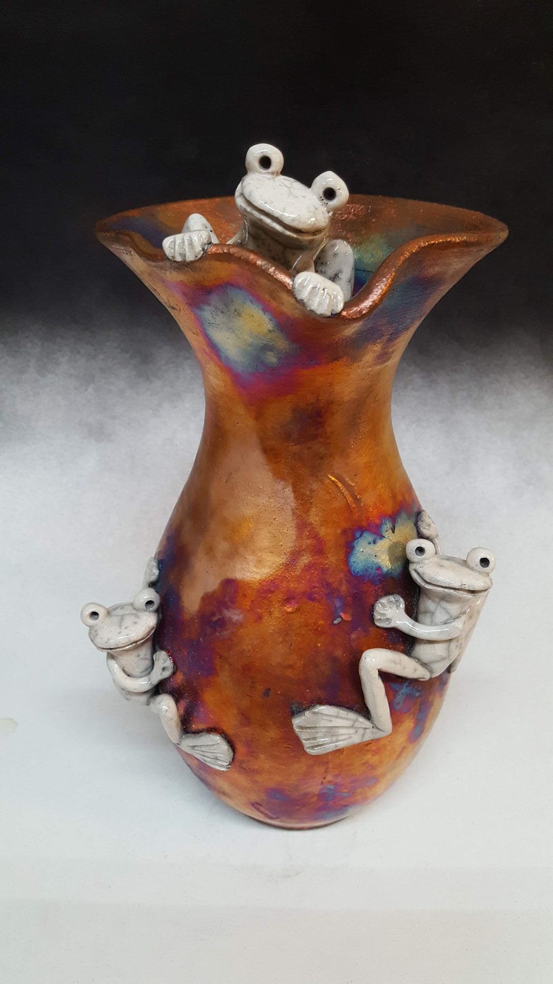 11 Inch Tall - Three Frog Raku Pottery Vase - Free Shipping - Etsy