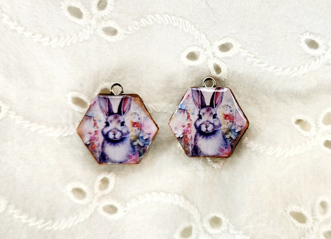 Rabbit Hexagon Beads, Bunny Rabbits, 2 Piece Set of Wood and Resin ...