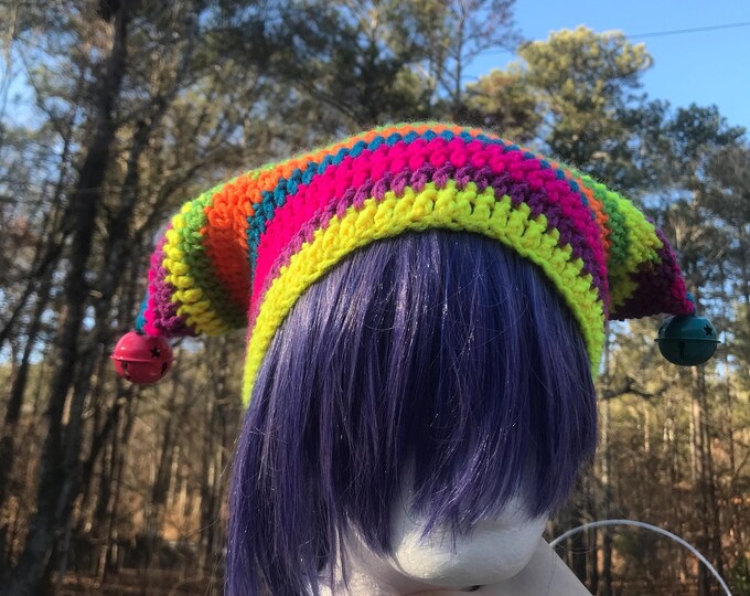 Rainbow Hippie Neon Crochet Jester Hat With Working Bells - Clowncore ...