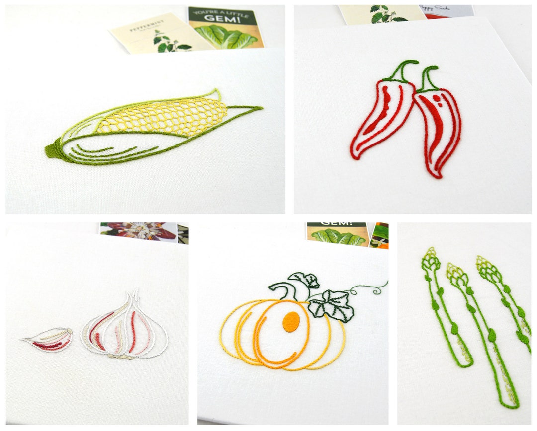 Veg Box II, 5 Vegetable Embroidery Patterns for Asparagus, Chillies ...