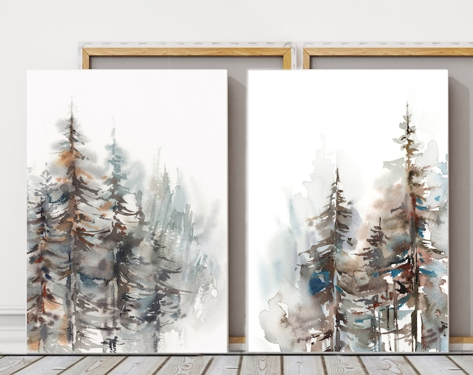 Forest Wall Art, Set of 2 Canvas Prints, Pine Trees Painting, Abstract ...