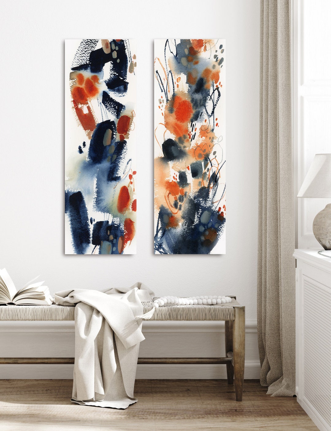 Narrow Abstract Canvas Prints 2 Pieces Wall Decor Set, Abstract Blue ...