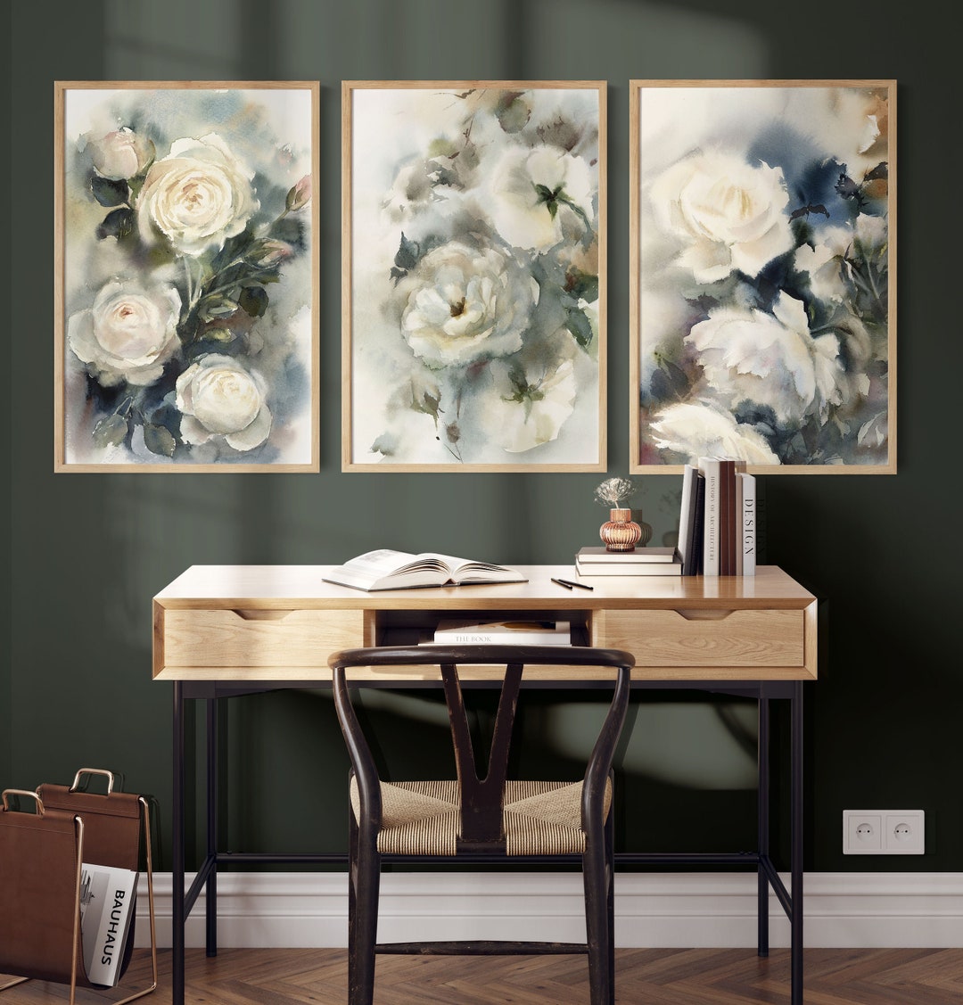Roses 3 Canvas Panels Gallery Wall, White Roses Painting, Floral ...