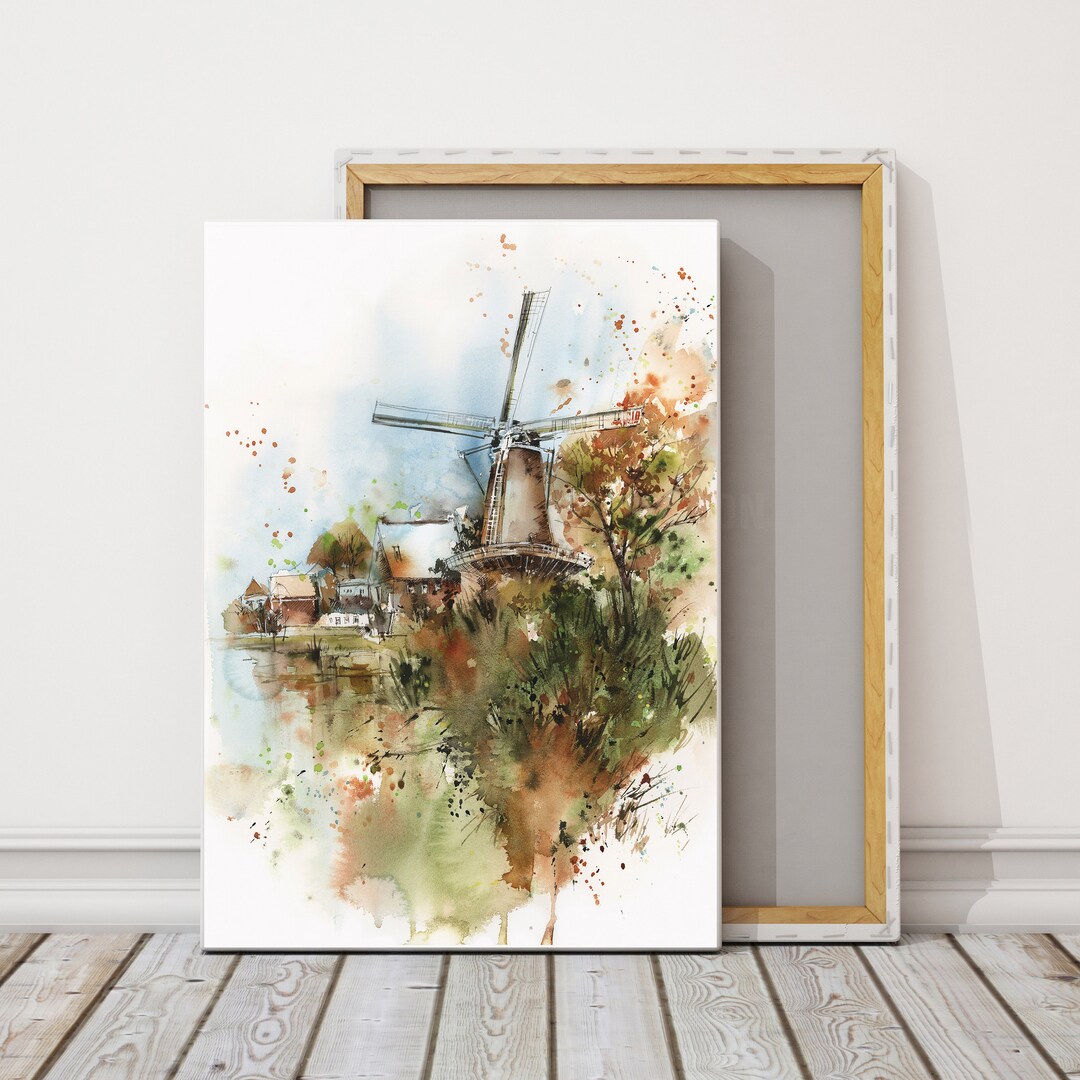 Watercolor Windmill Canvas Print, Farmhouse Wall Hanging, Windmill ...