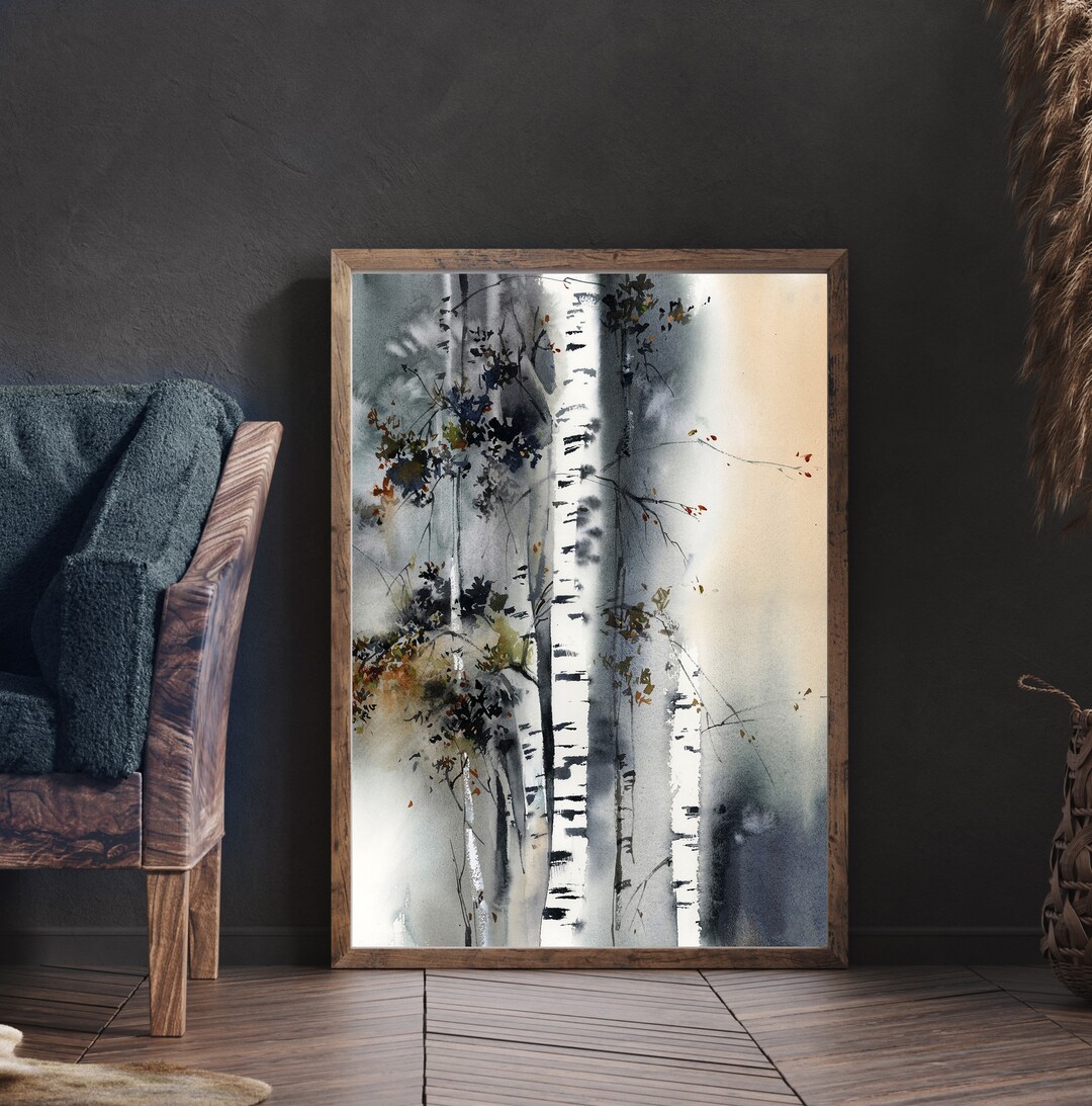 Birch Tree Forest Art Print, Landscape Watercolor Painting, Large Size ...