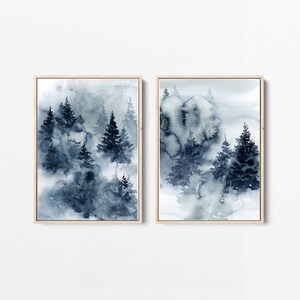 Abstract Forest Landscape Blue Pine Tree Painting Set of 2 - Etsy