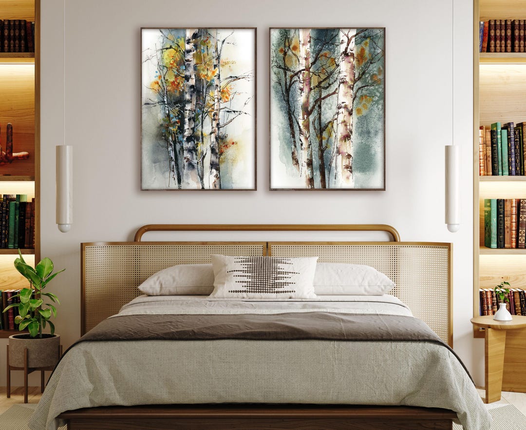 Birch Trees Wall Art Set of 2 Canvas Prints, Forest Painting, Birch ...