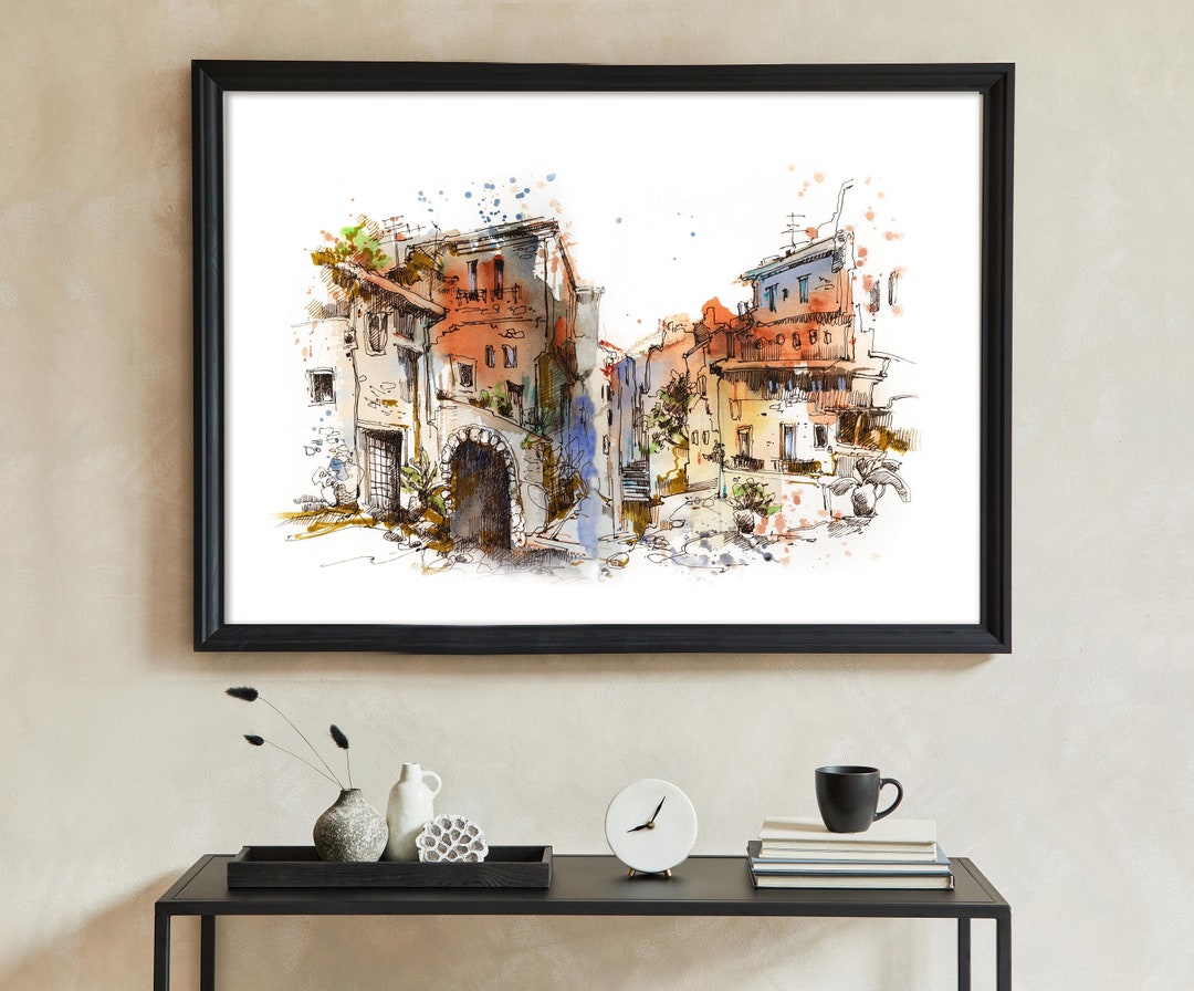 Italy City Canvas Art Print, Urban Sketching Wall Decor, Italy Painting ...