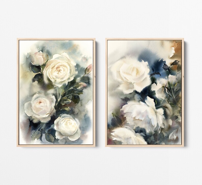 Set of 2 White Roses Watercolor Painting Two Piece Flower - Etsy
