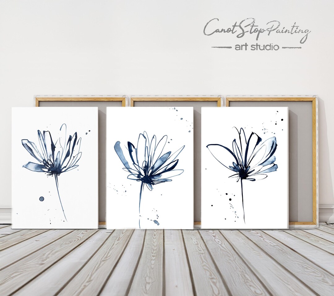 Minimalist Blue Flowers 3 Canvas Prints Set, Abstract Floral Paintings ...