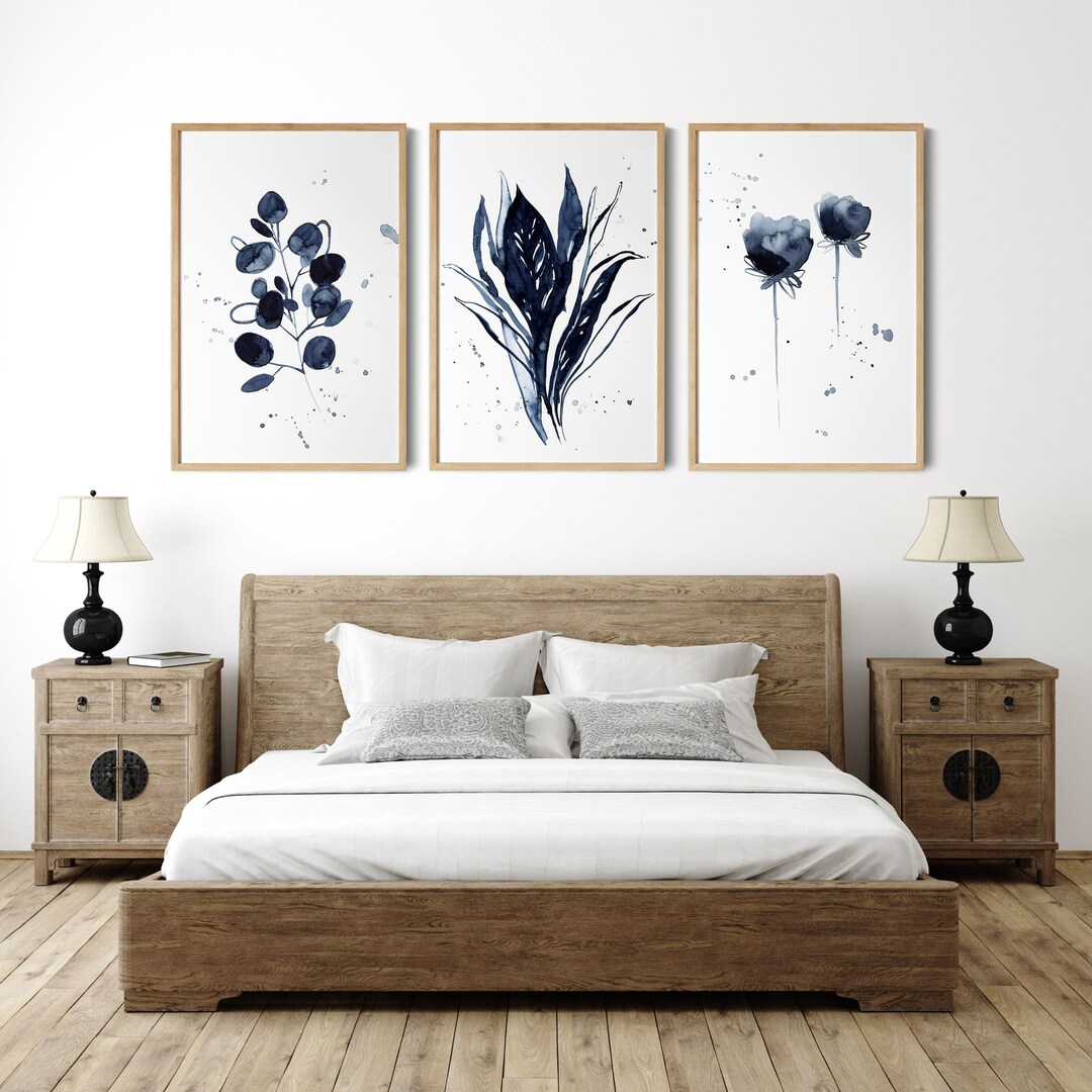 Inky Blue Botanical Canvas Prints, Eucalyptus, Cotton Flowers, Set of 3 ...