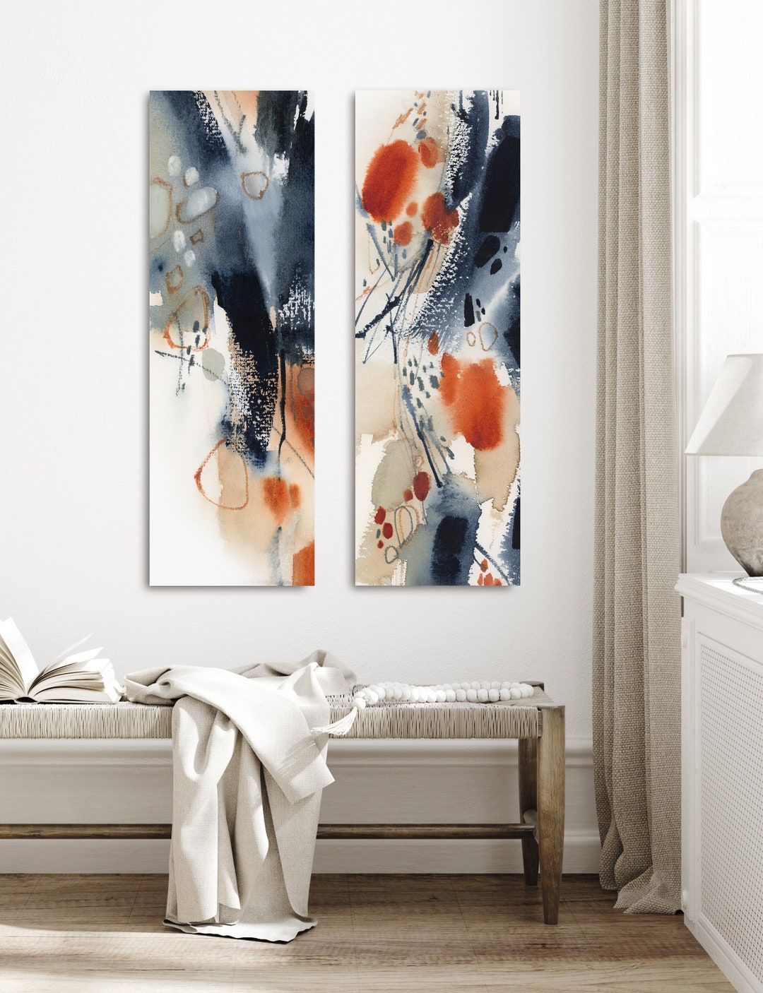 Extra Long Canvas Prints 2 Pieces Set, Abstract Paintings Blue Burnt ...