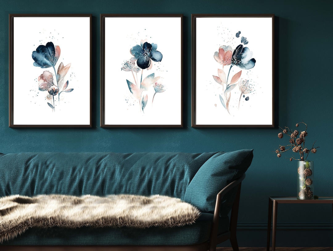 Teal Wall Decor, Set of 3 Floral Paintings, Abstract Flowers Prints ...