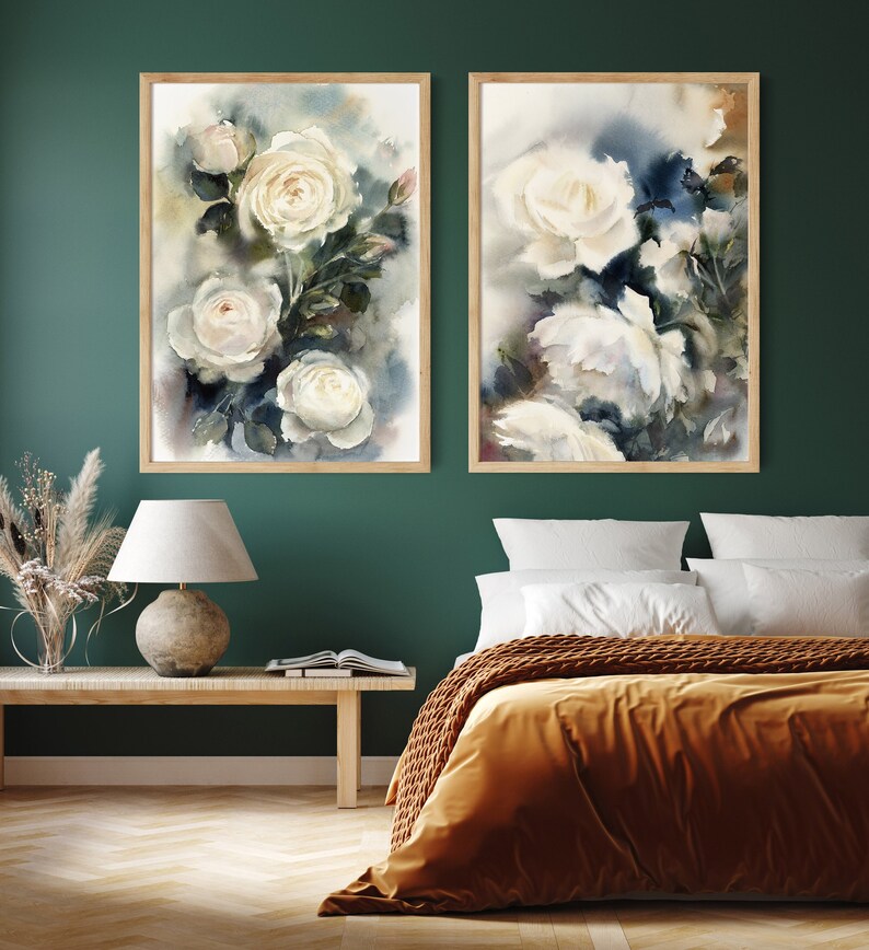 Set of 2 White Roses Watercolor Painting Two Piece Flower - Etsy