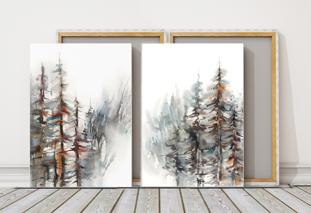 Pine Tree Forest Paintings, 2 Canvas Prints, Abstract Nature Wall Art ...