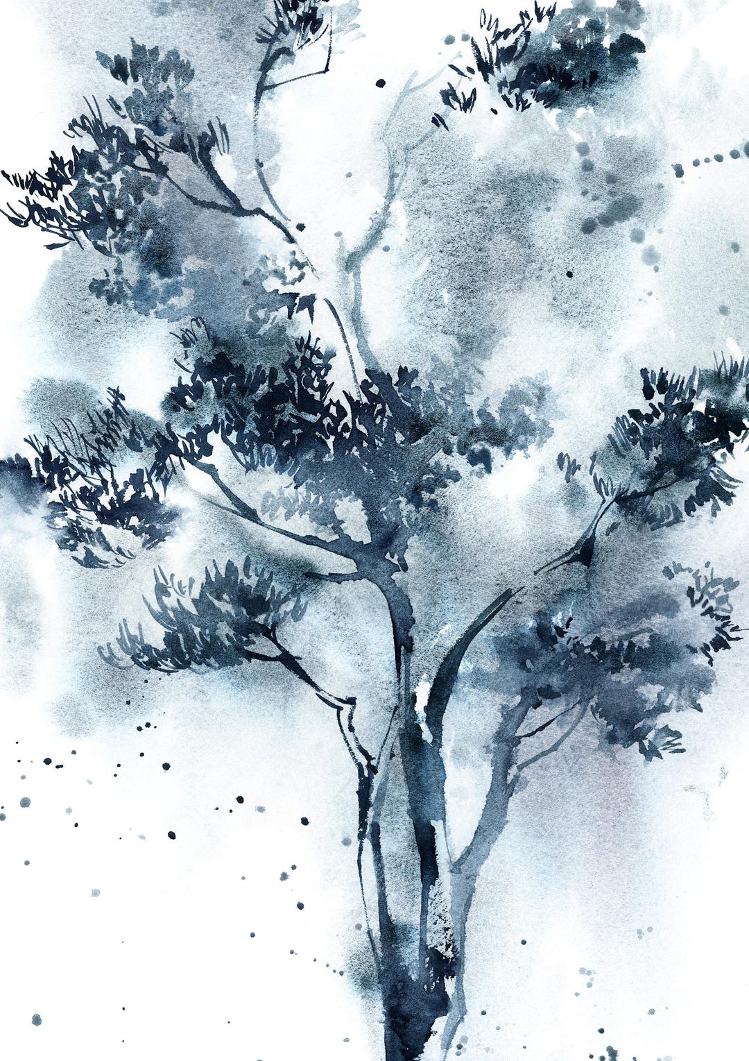 Abstract Blue Tree Canvas Print, Nature Watercolor Painting Art ...