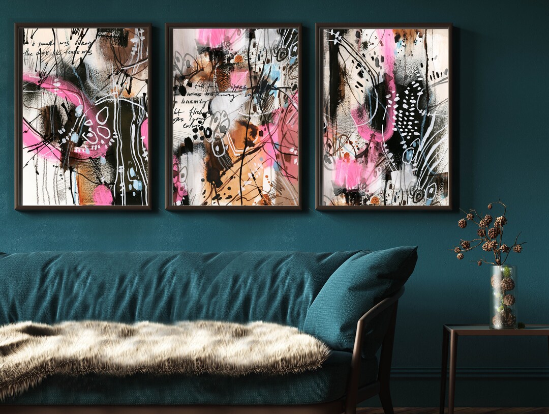 Abstract Set of 3 Art Prints, Black Pink Amber Art, Preppy Wall Art ...