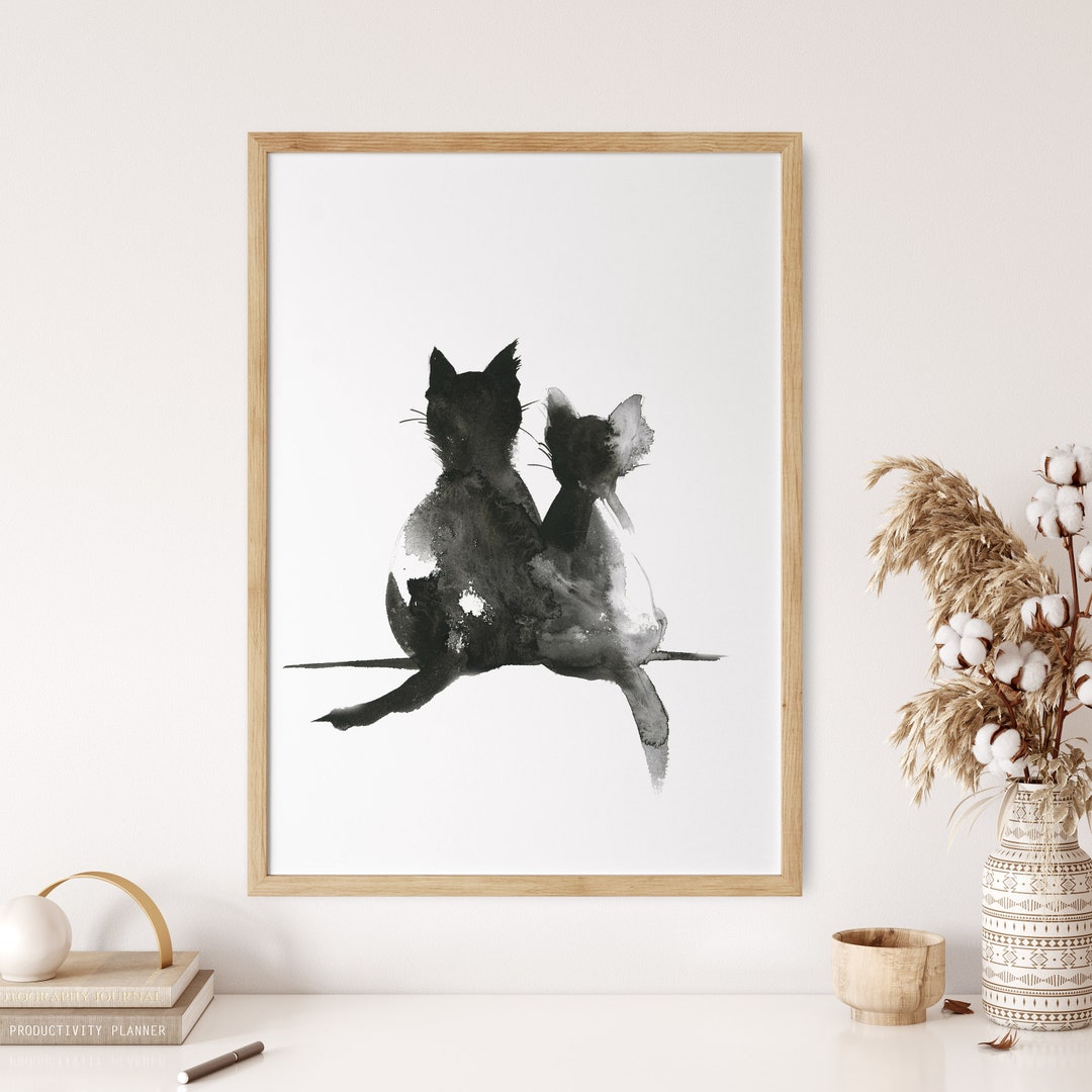 Two Cats Painting Canvas Art Print Black Cat Print - Etsy