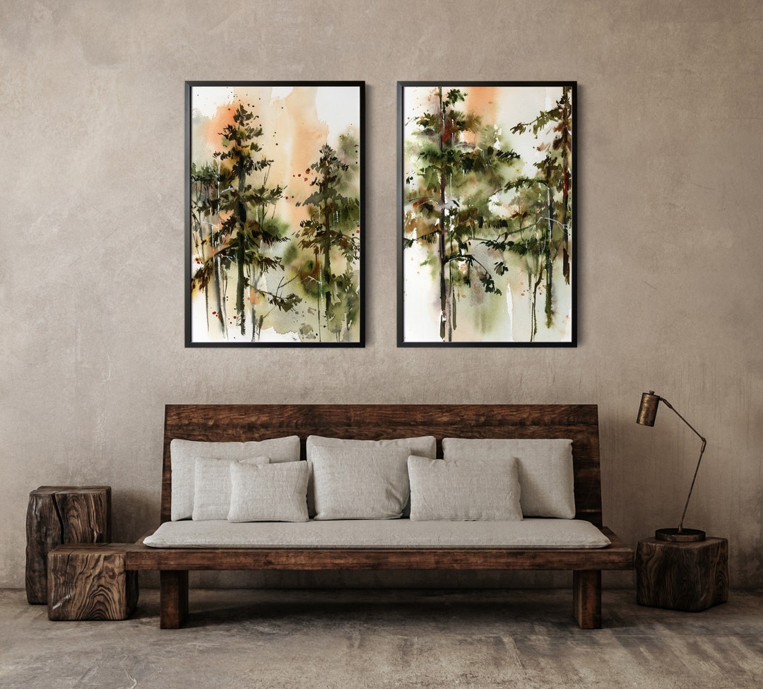 Pine Trees Wall Art Set of 2, Forest Canvas Prints, Green Forest ...