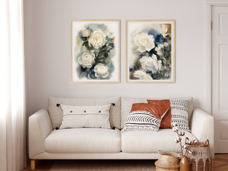 Set of 2 White Roses Watercolor Painting Two Piece Flower - Etsy