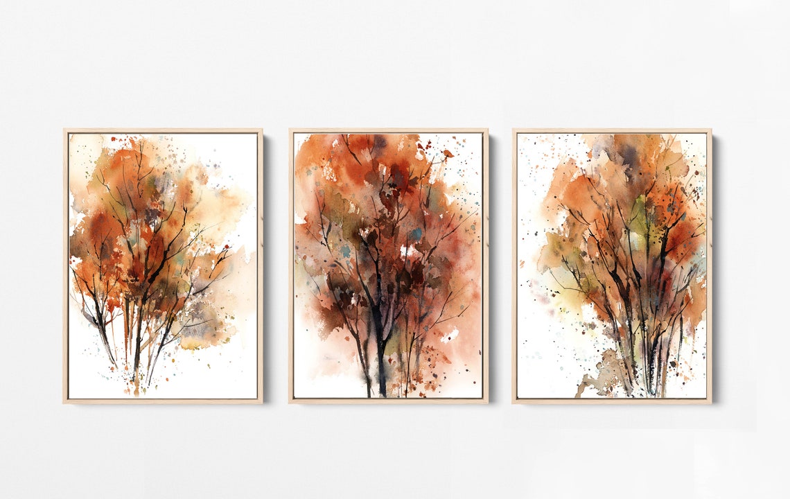 Abstract Autumnal Tree 3 Canvas Prints Set Forest Watercolor Painting ...