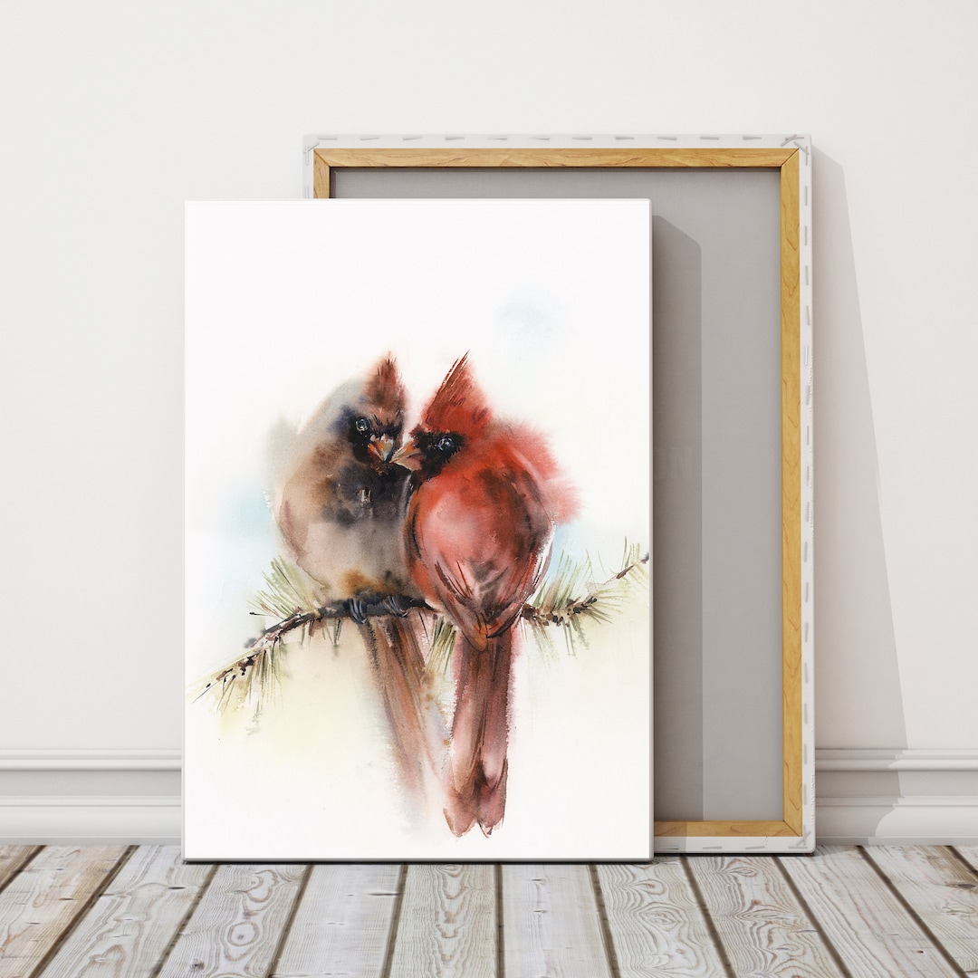 Cardinal Birds Couple in Love Painting, Northern Cardinals Canvas Print ...