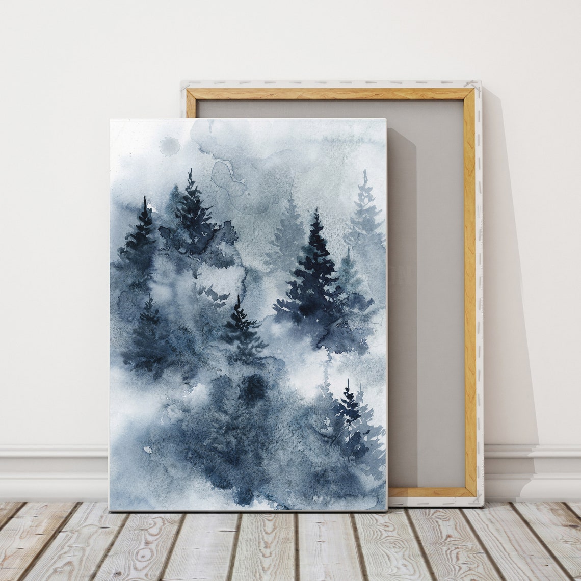 Abstract Forest Landscape Blue Pine Tree Painting Set of 2 - Etsy