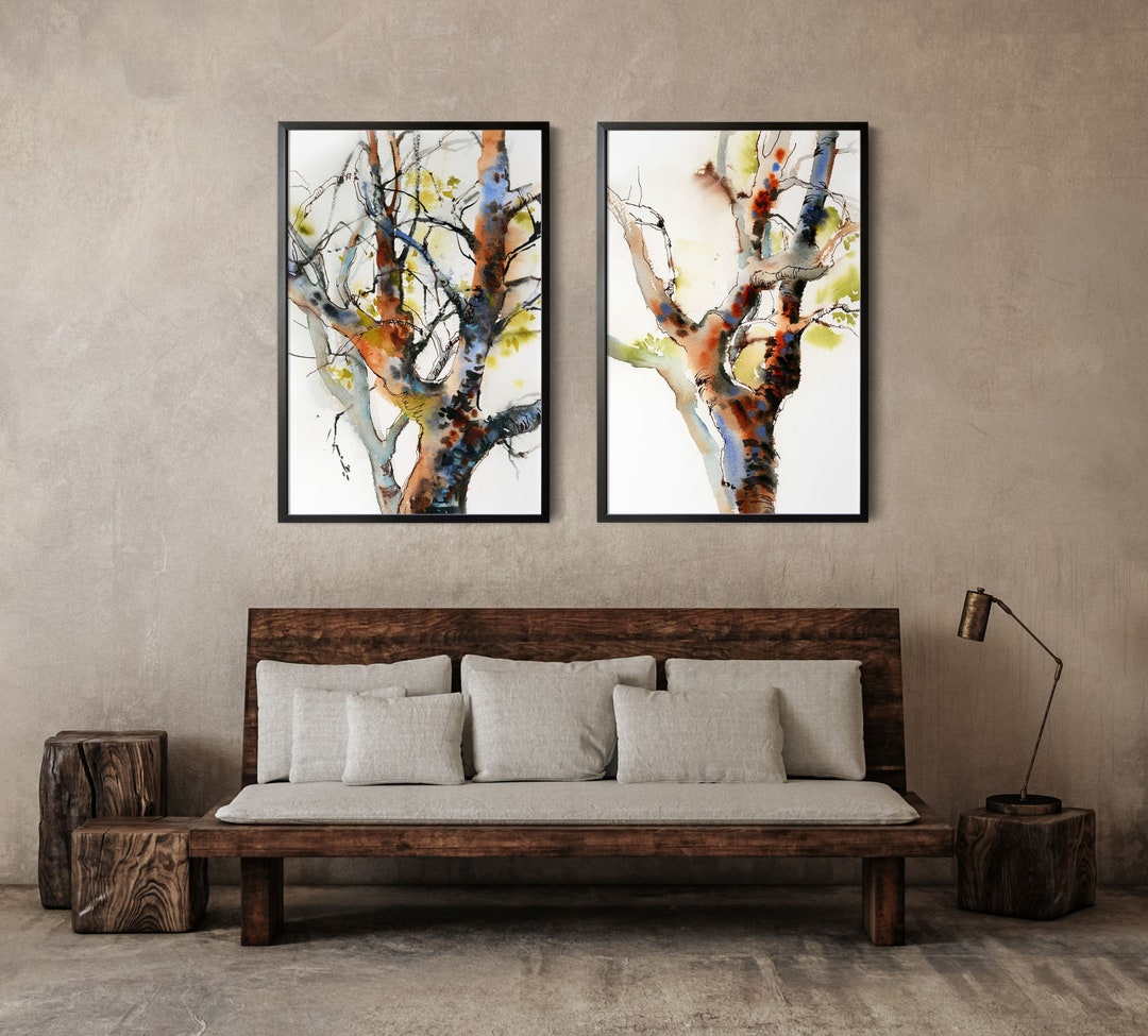 Colorful Trees Canvas Prints 2 Set, Tree Watercolor Paintings Woodland ...