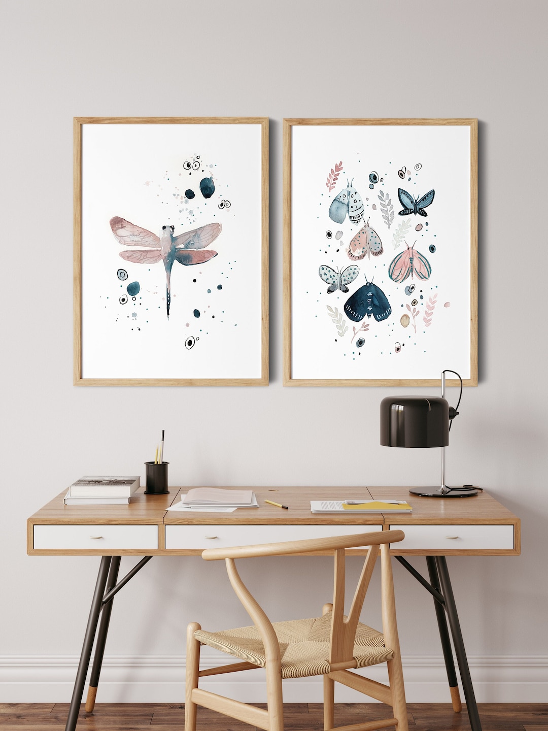 Dragonfly and Butterflies 2 Pieces Wall Canvas Art Prints, Teal and ...