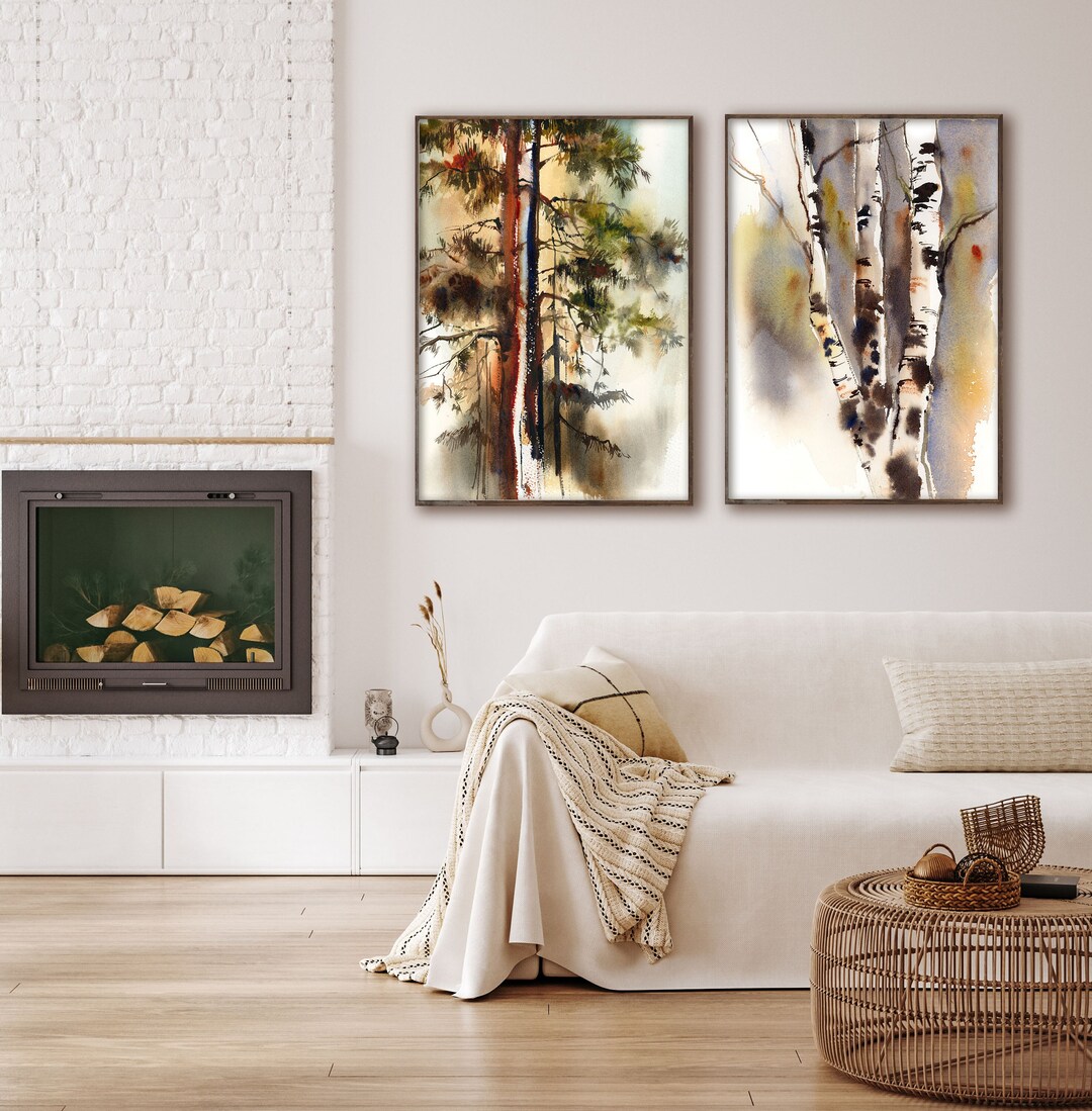 Birch and Pine Trees Wall Art 2 Canvas Prints, Tree Watercolor ...