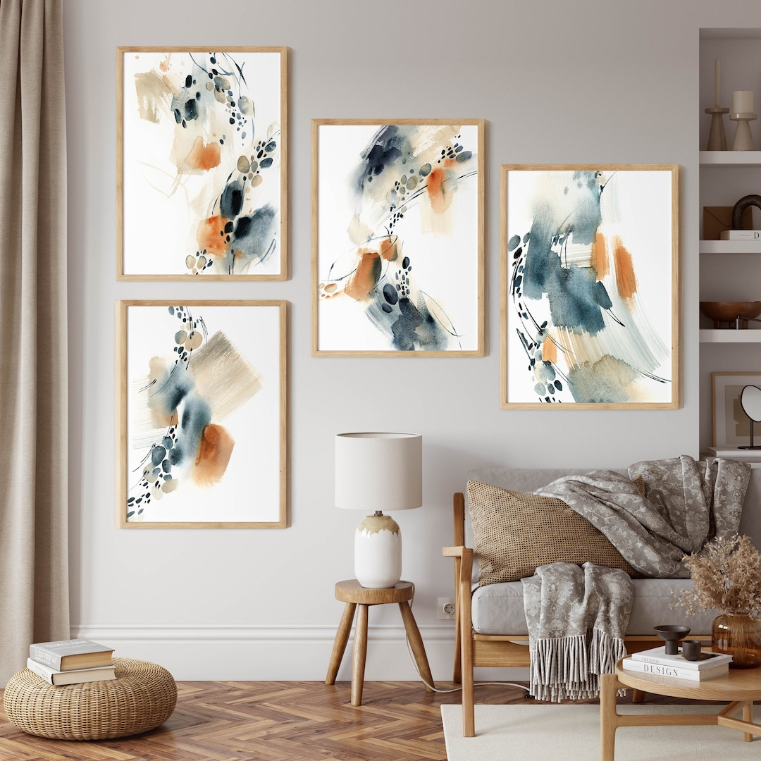 Abstract Canvas Prints Set of 4, Gallery Wall 4 Pieces Set, Blue Orange ...