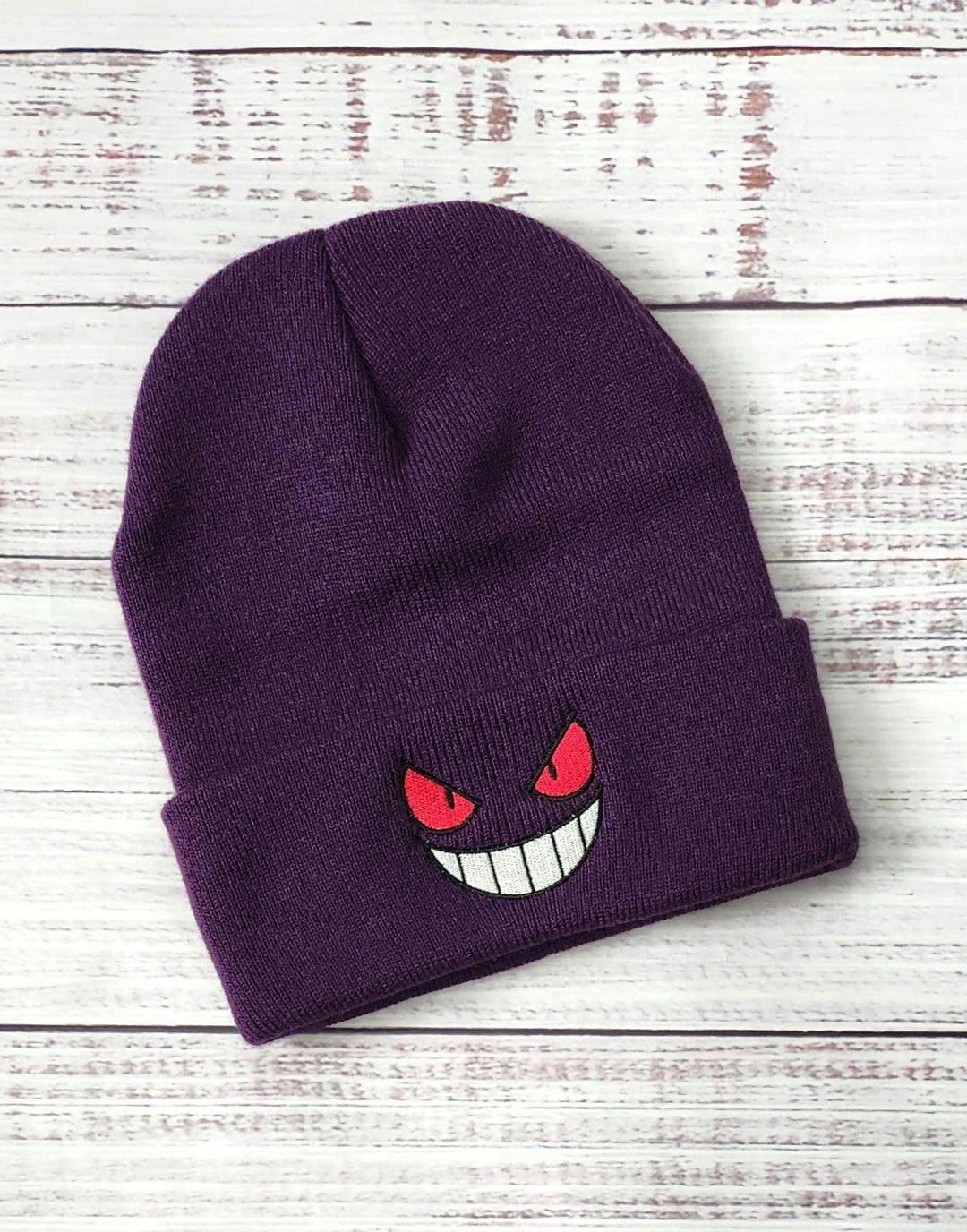 Purple Gengar Grin Embroidered Beanie | Pokémon-inspired Knit Hat ...